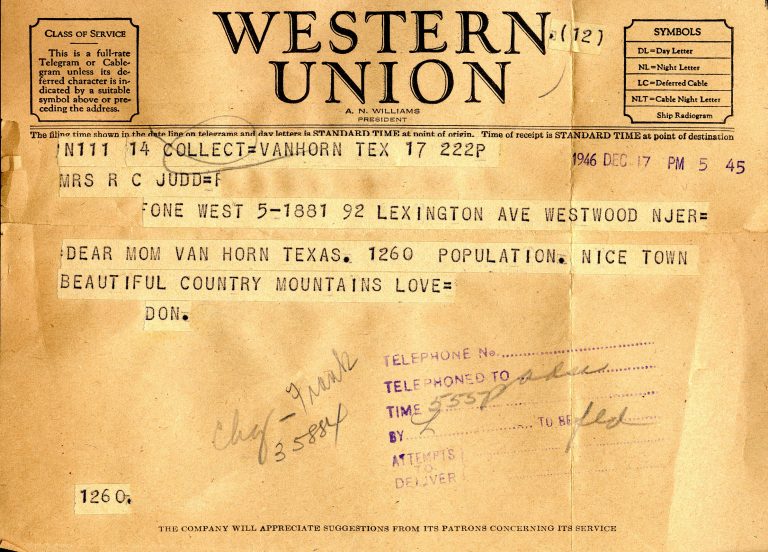 1946 Western Union Telegram | Judd Foundation